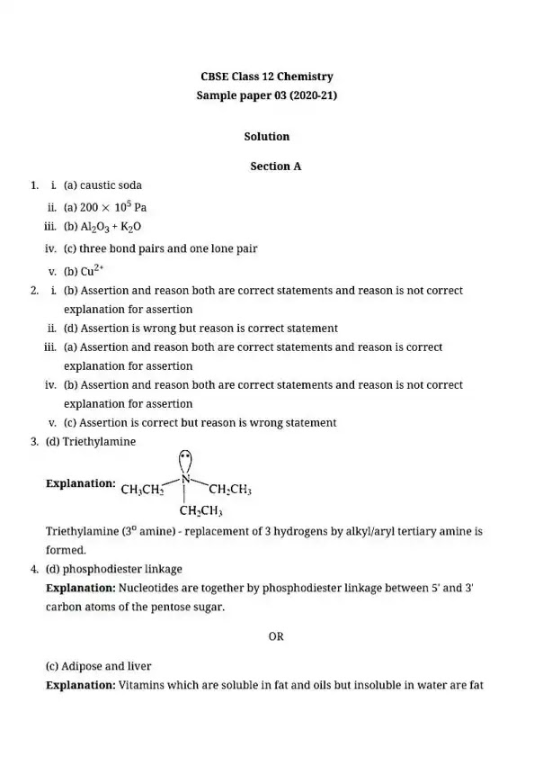Chemistry Class 12 Question paper with Answer (2021)