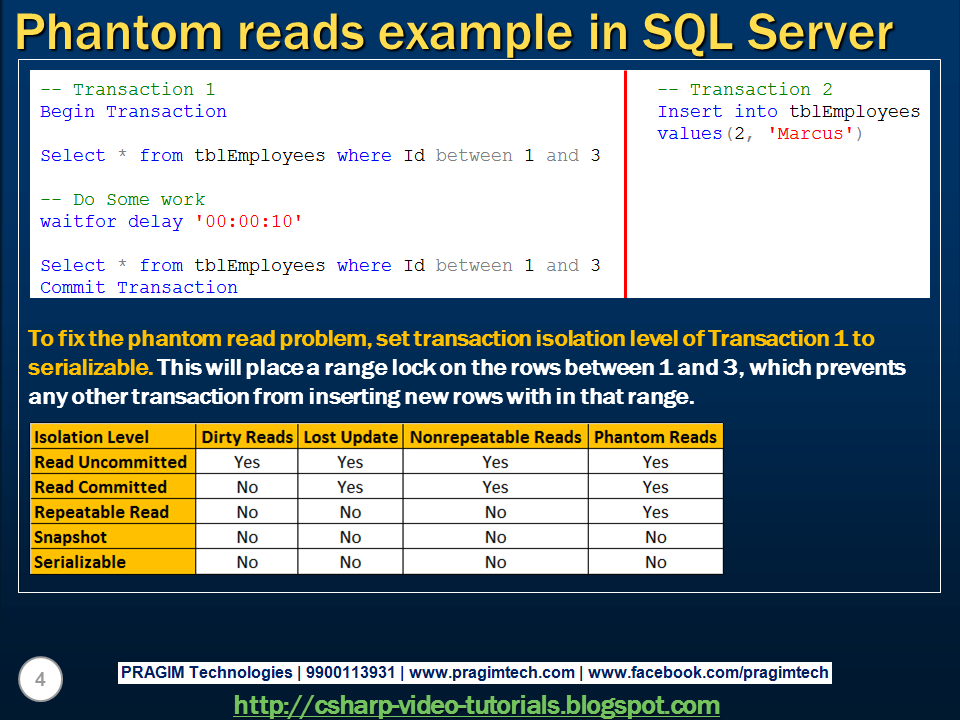 Sql server, .net and c# video tutorial: Phantom reads example in sql server Sql server, .net and c# video tutorial: Phantom reads example in sql server