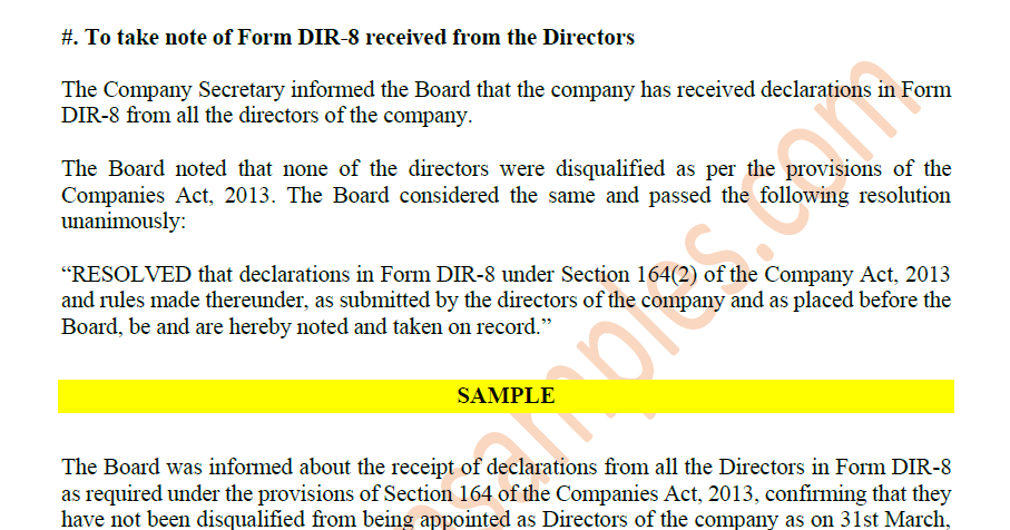 Board Resolution Form DIR-8 Declarations under section 164(2)
