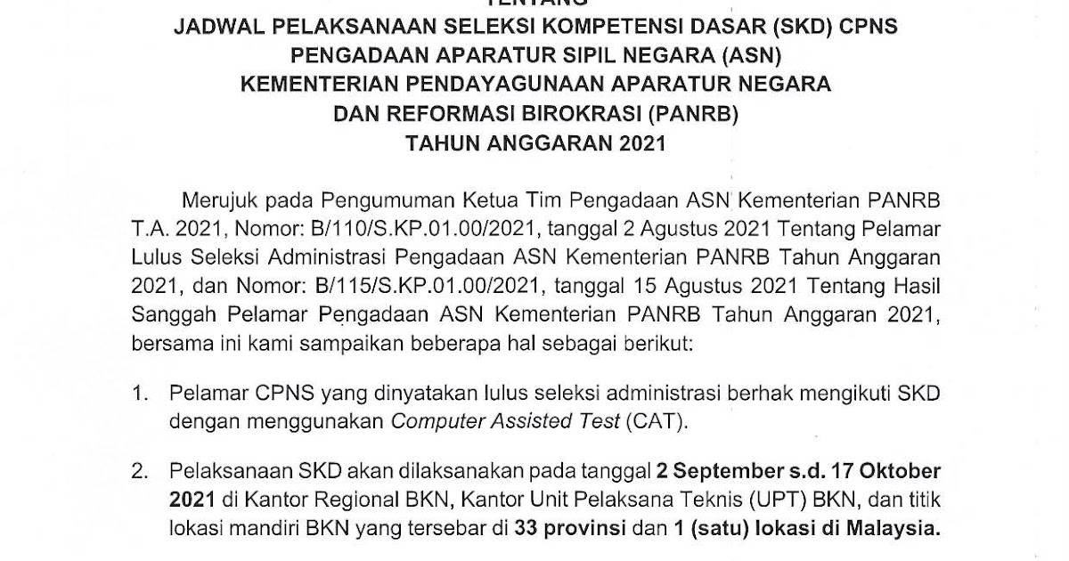 Jadwal dan lokasi Seleksi Kompetensi Dasar (SKD) CASN CPNS 2021 beserta syaratnya