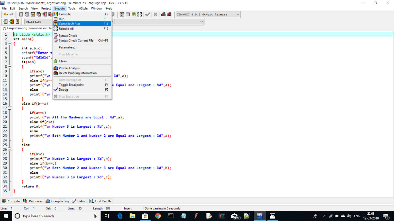 C Program Of Finding The Largest Number Among 3 Numbers And Checking