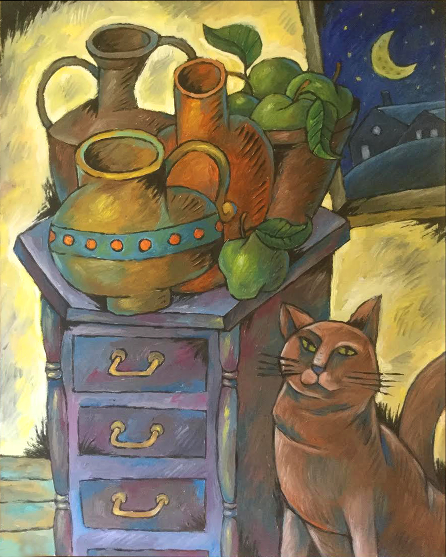 Paintings: Still life with cat.