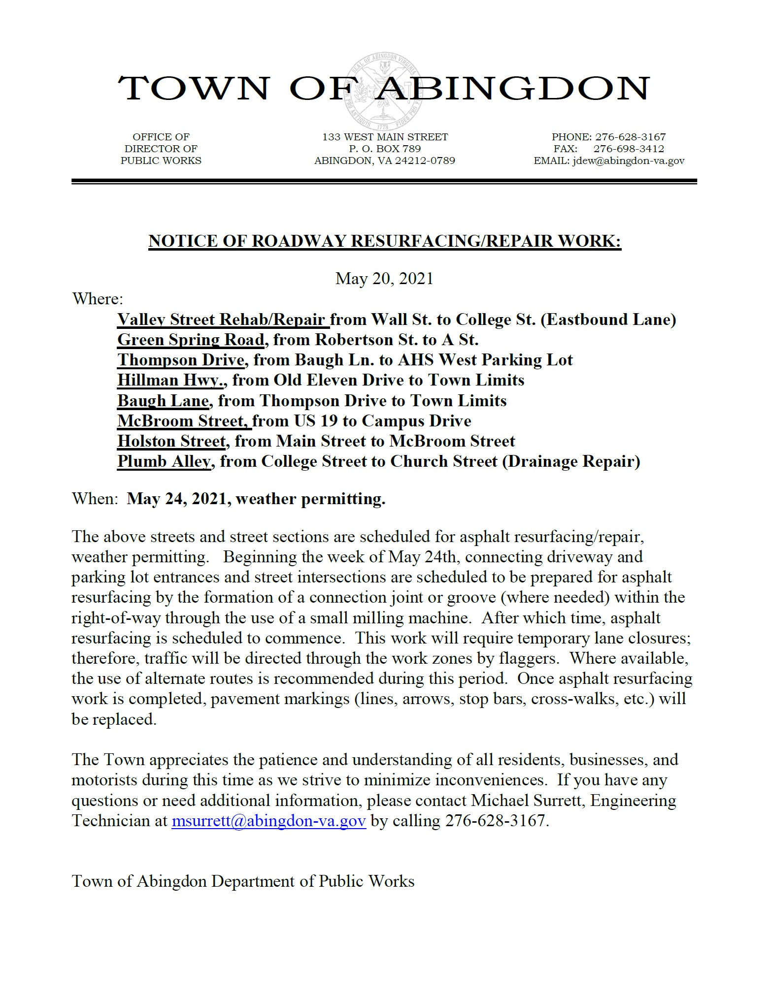 Town of Abingdon, Virginia : Notice of Roadway Resurfacing/Repair Work