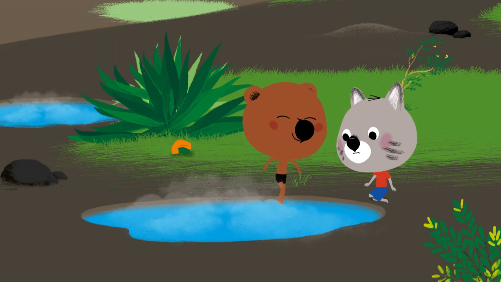 Shirtless Drawn Cartoon Boys: Mouk & Chavapa in Swimming Trunks