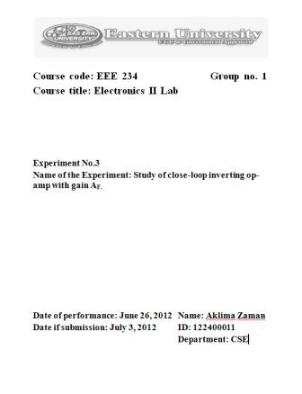 Sample Lab report Front page ~ Eastern University Electronic Library