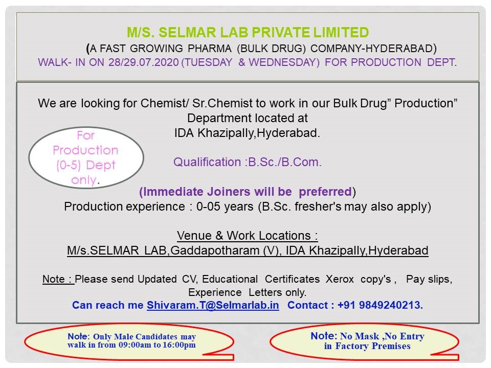 Walk-Ins for Freshers & Experienced in Production Department on 28th ...