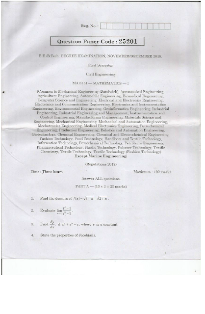 Anna University MA8151 Mathematics-I November/December 2018 Question ...