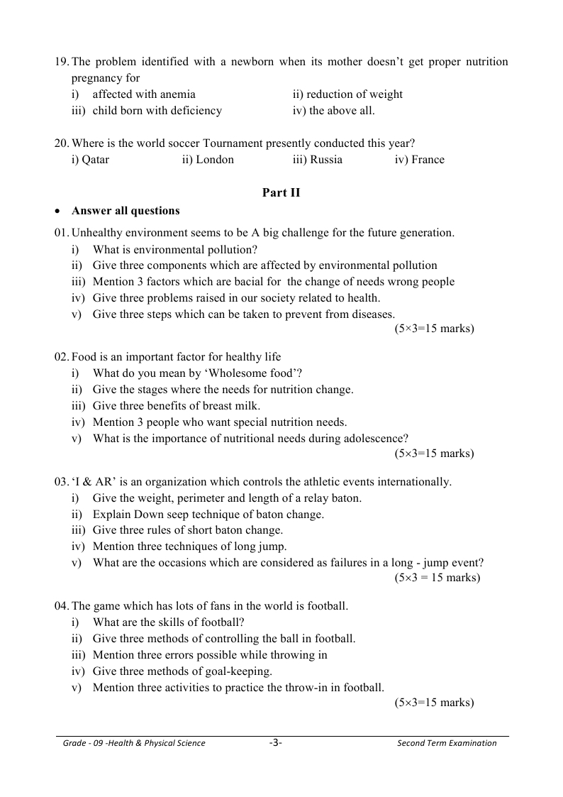 Grade 9 Health 2018 Second Term Vadamaradchy Zone - www.lkedu.lk