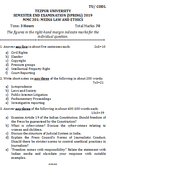 TEZPUR UNIVERSITY TU CODL SEMESTER END MMC 201 MEDIA LAW AND ETHICS tezpur-university-tu-codl-semester-end-mmc-201-media-law-and-ethics