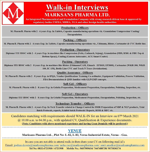 UDYOG ADDA: MARKSANS PHARMA LTD Walk In Interviews for Production , Packing , QA , & Technology ...