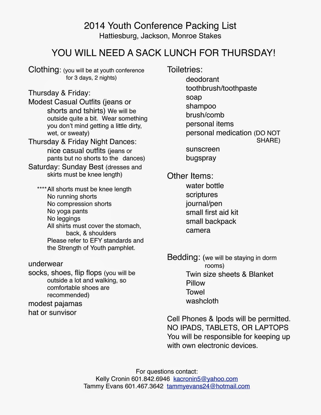 Hattiesburgyw: 2014 Youth Conference Packing List