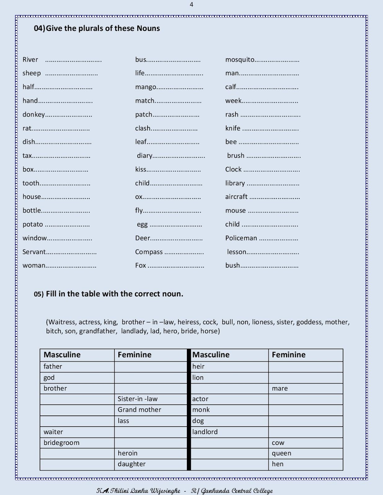 Anuladevi Balika Vidyalaya - Galle: Grade 8 -English Assignment