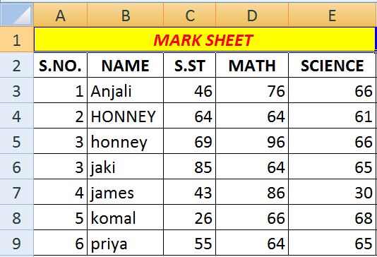 MS Excel Mark sheet