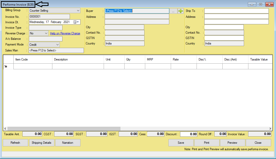 Performa Invoice (B2B) Help Guide