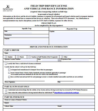 FIELD TRIP DRIVER'S LICENSE AND VEHICLE INSURANCE INFORMATION