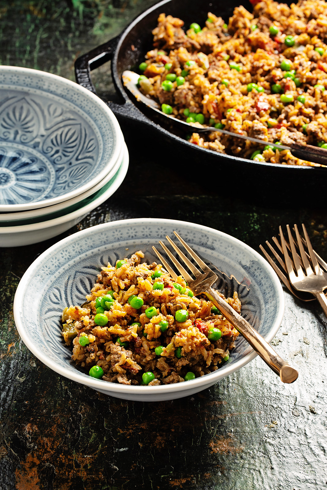 Spanish Rice with Seasoned Ground Beef and Peas