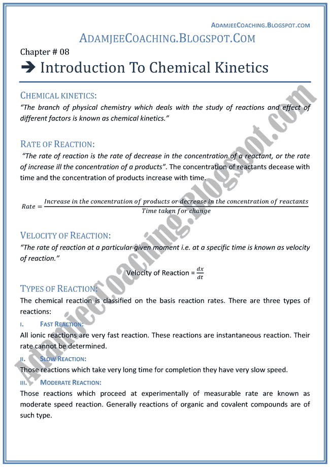 Adamjee Coaching: XI Chemistry Lectures - Introduction To Chemical Kinetics
