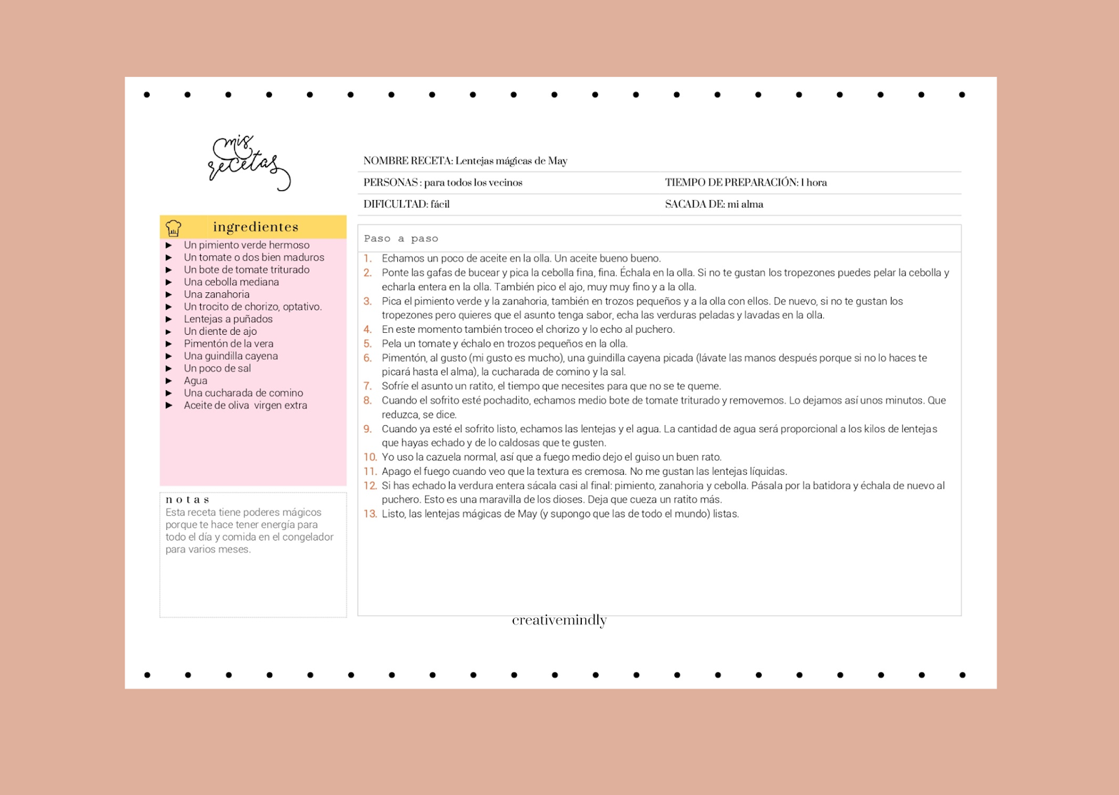 Creative Mindly: Recetario editable