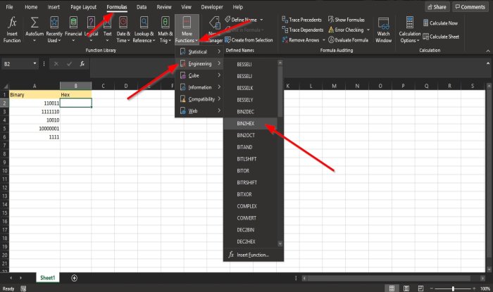 Cómo usar la función BIN2HEX en Excel para convertir binario a hexadecimal