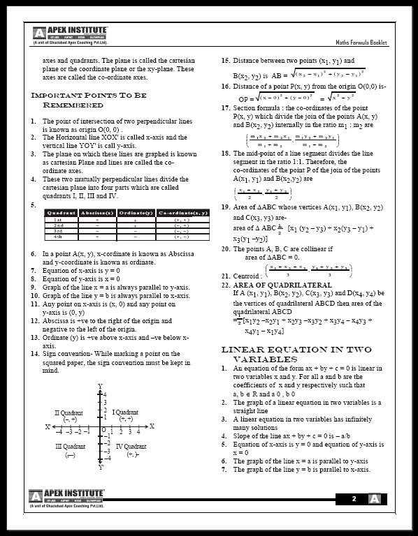 APEX INSTITUTE : MATHEMATICS FORMULA BOOKLET FOR FOUNDATION BATCH