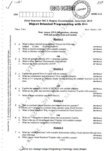 Visvesvaraya Technological University Mca Cbcs First Semester 18mca11 Object Oriented