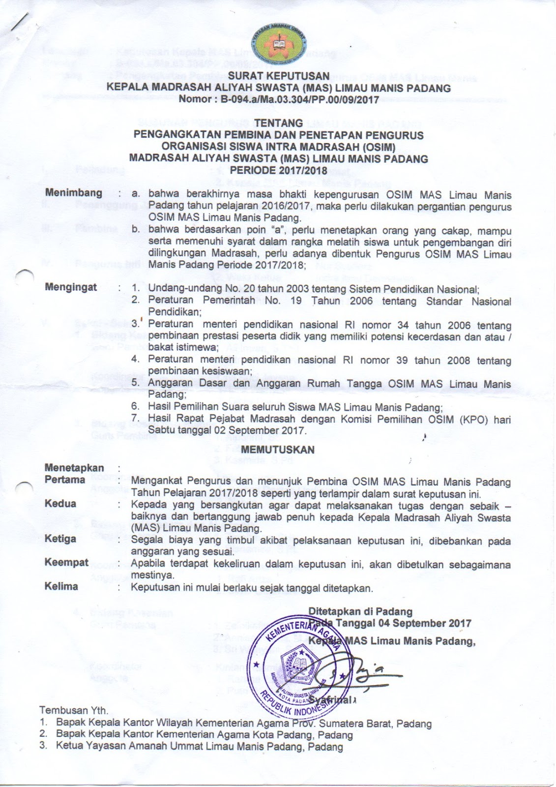 MAS Limau Manis Padang: Struktur Organisasi Intra Madrasah (OSIM) MAS ...