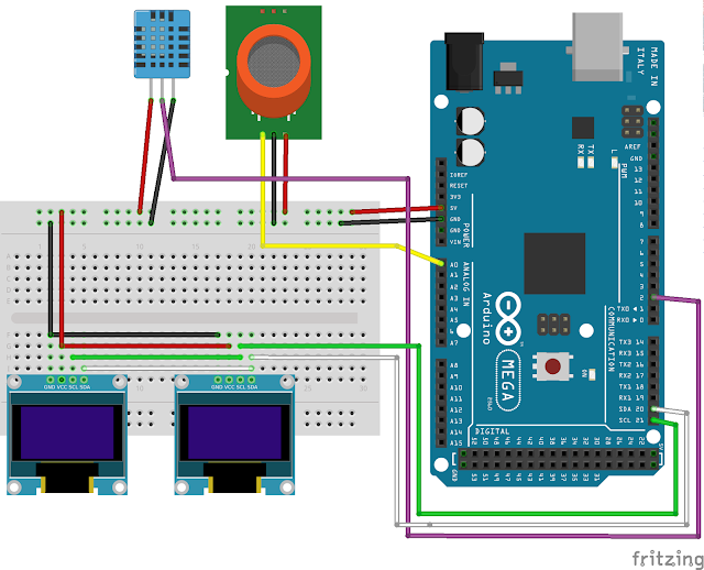 Dual i2c Oled display with Arduino Mega 2560 with sensor DHT11 and MQ135