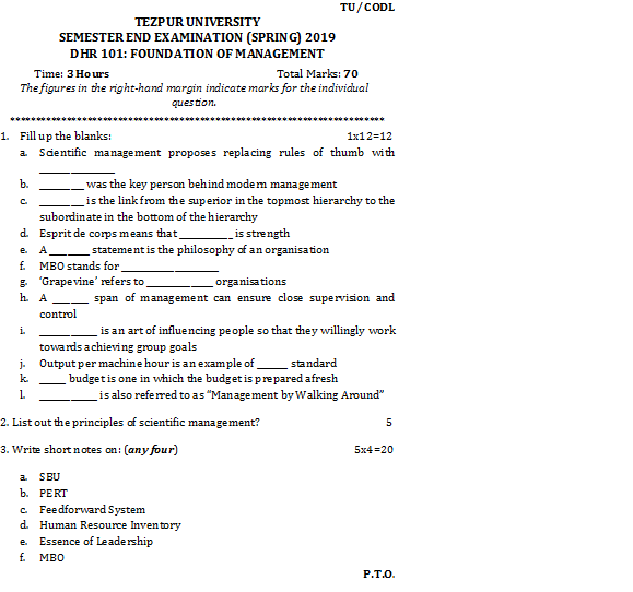 TEZPUR UNIVERSITY (TU/CODL) SEMESTER END DHR 101: FOUNDATION OF ...