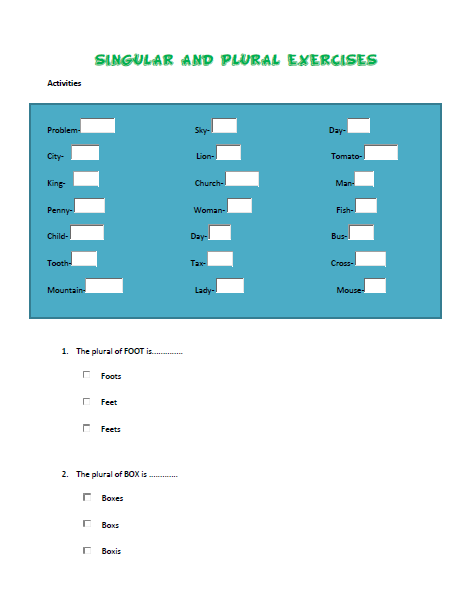English Learning Blog EXERCISES 7 SINGULAR PLURAL english-learning-blog-exercises-7-singular-plural