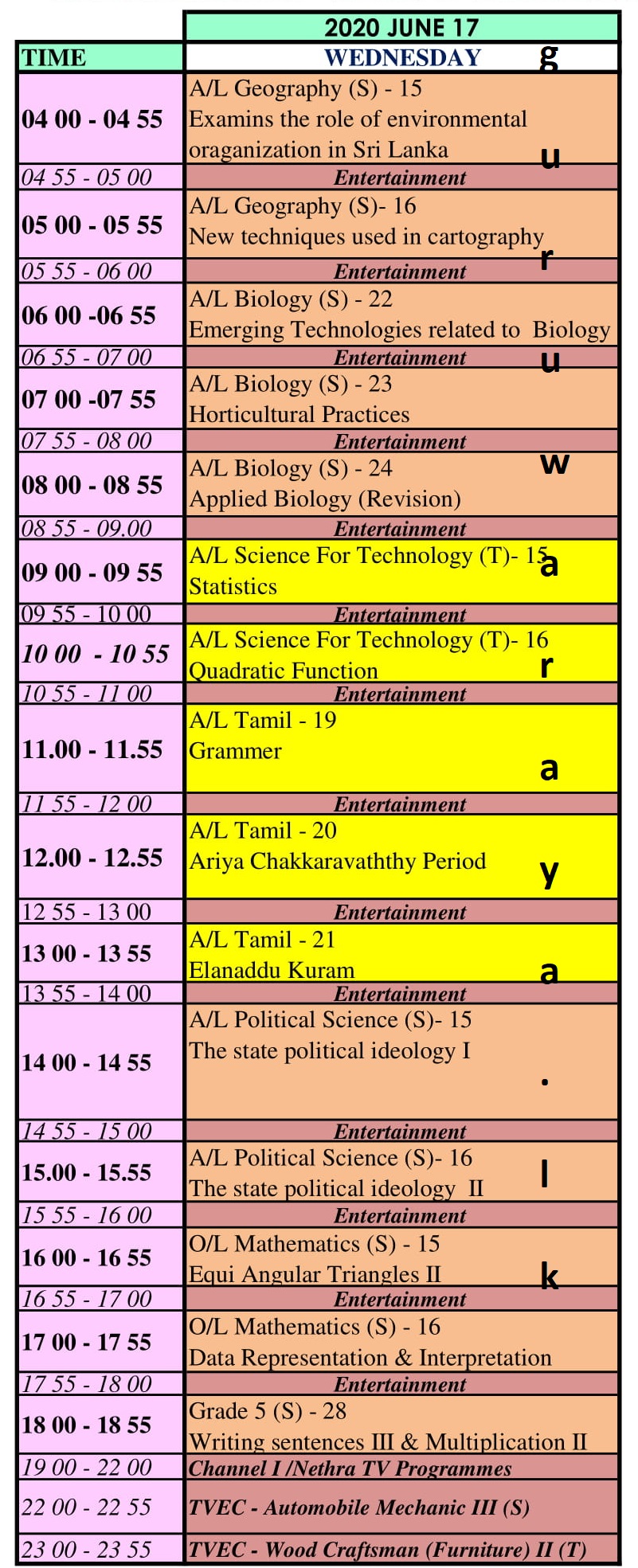 Guru Gedara Time Table (June 15 to 21) - Teacher