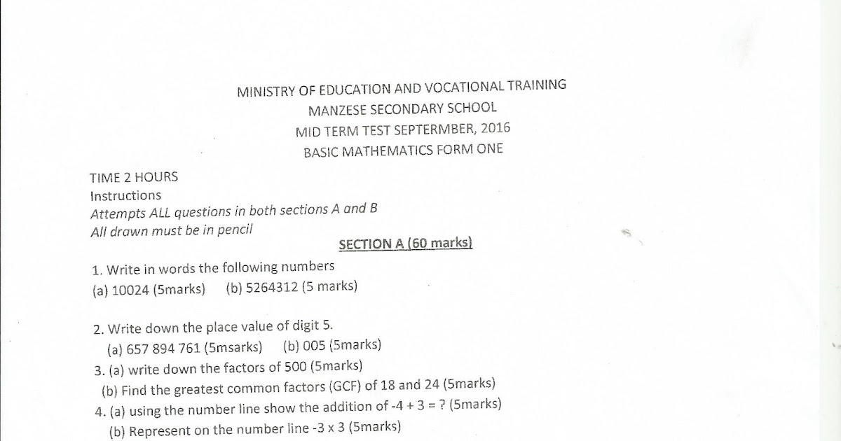 FORM ONE STUDY NOTES & PAST PAPERS BLOG: BSIC MATHEMATICS FORM ONE MID ...