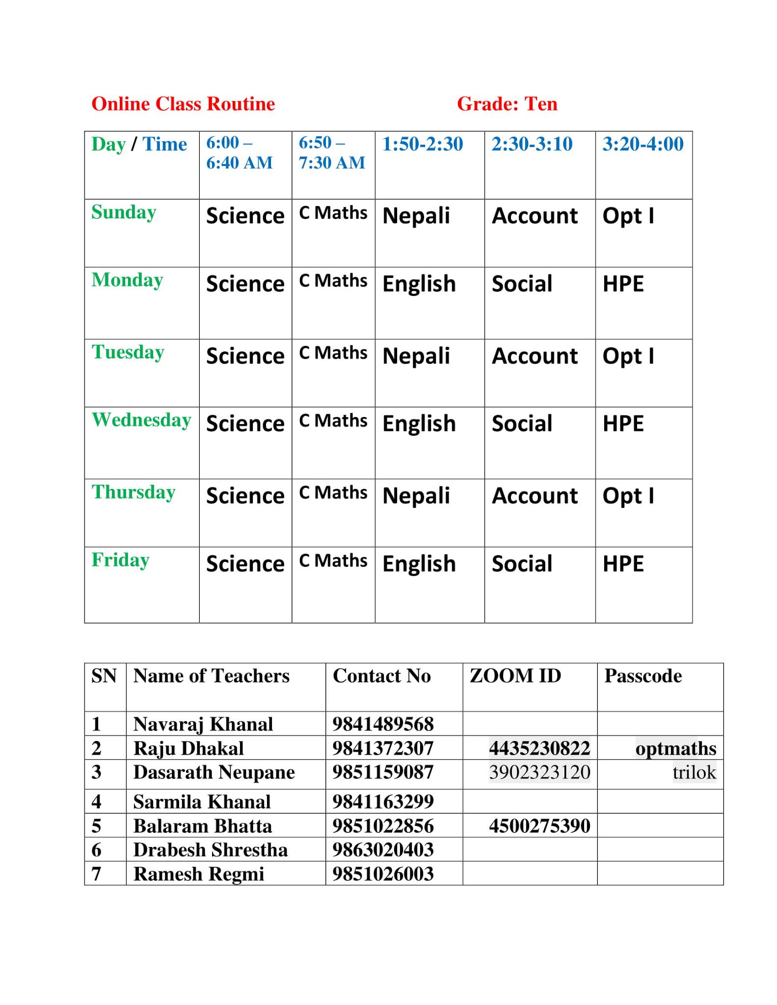 TRILOK SCHOOL: Online Class Routine