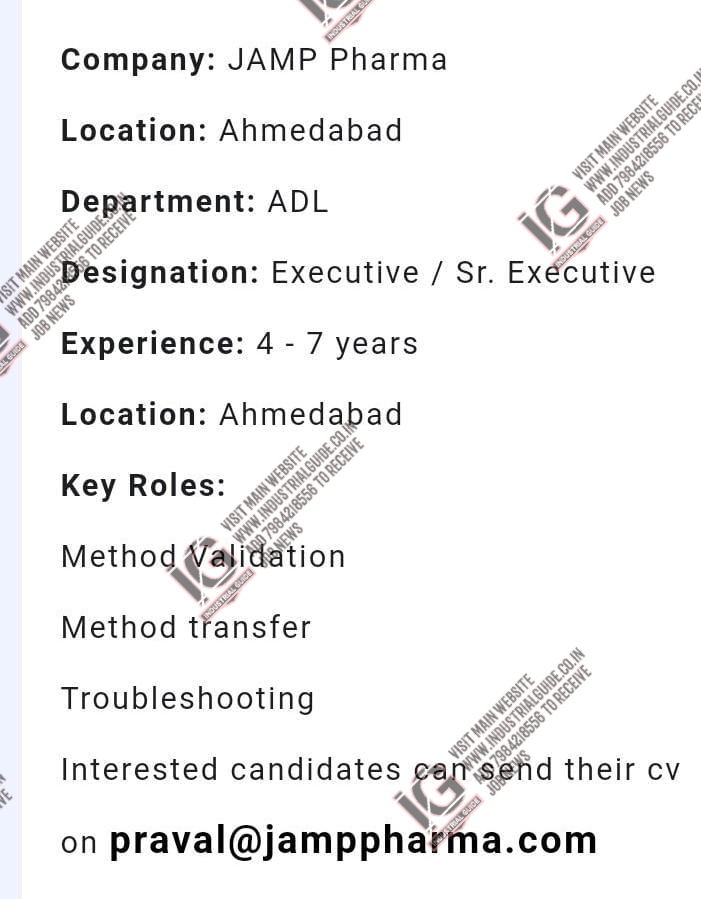 Jamp Pharma Ahmedabad jobs for ADL Department apply now
