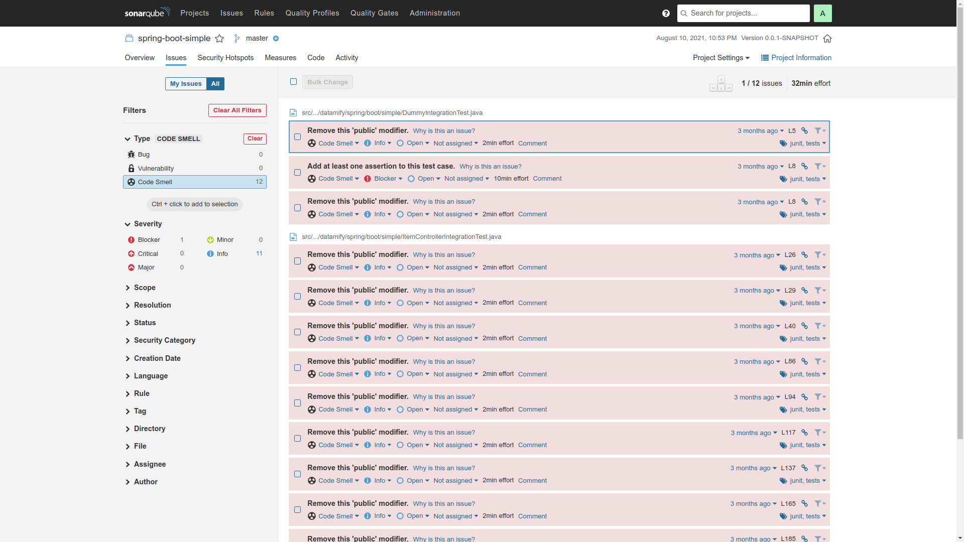Java: SonarQube Issues Sekmesi