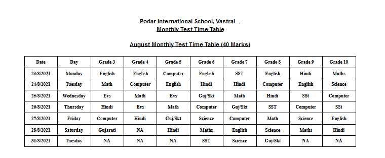 August Monthly Test Time Table