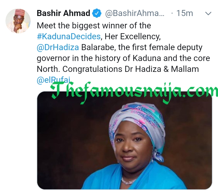 "Meet the biggest winner of the #KadunaDecides, Her Excellency,