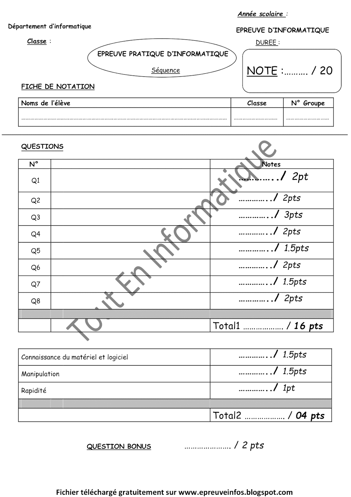 modele fiche de notation épreuve pratique informatique