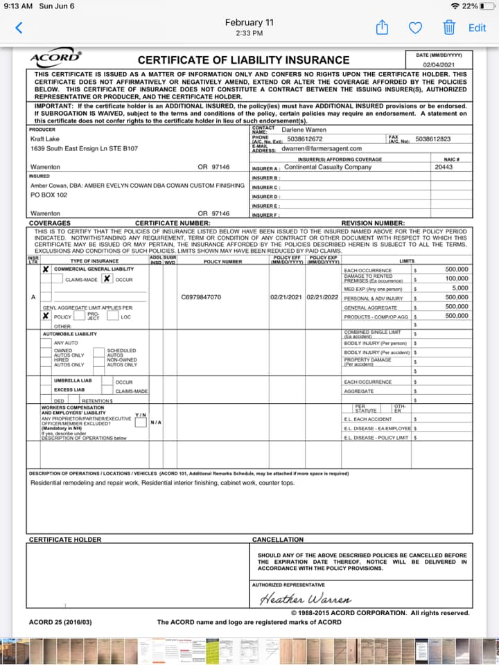 Cowan custom Finishing CCB#225044 : June 2021