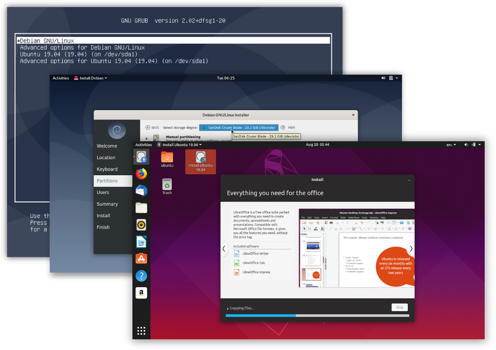 Dualboot Ubuntu 19.04 and Debian 10 on a 32GB USB Stick
