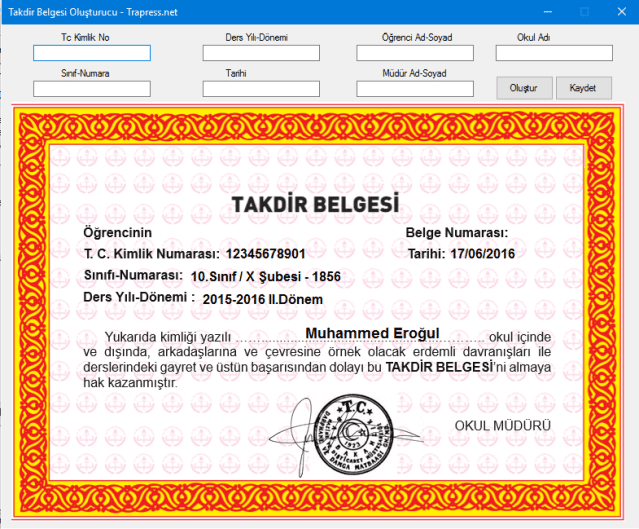 Sahte Takdir-Teşekkür Belgesi Oluşturma Programı