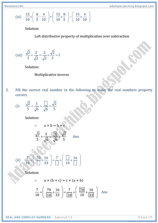Adamjee Coaching: Real and Complex Numbers - Exercise 1.2 - Mathematics 9th
