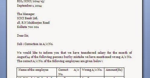 Wrong Payment Transfer Correction Letter to Bank