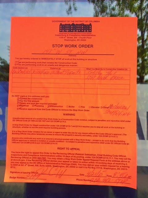 bloomingdale: Stop Work Order (SWO) posted at 143 W Street NW