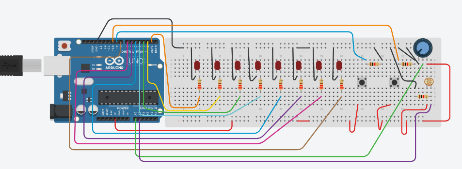 PRÁCTICA #5/CIRCUITO CON LEDS PRENDIDOS EN SECUENCIA + POTENCIÓMETRO Y ...