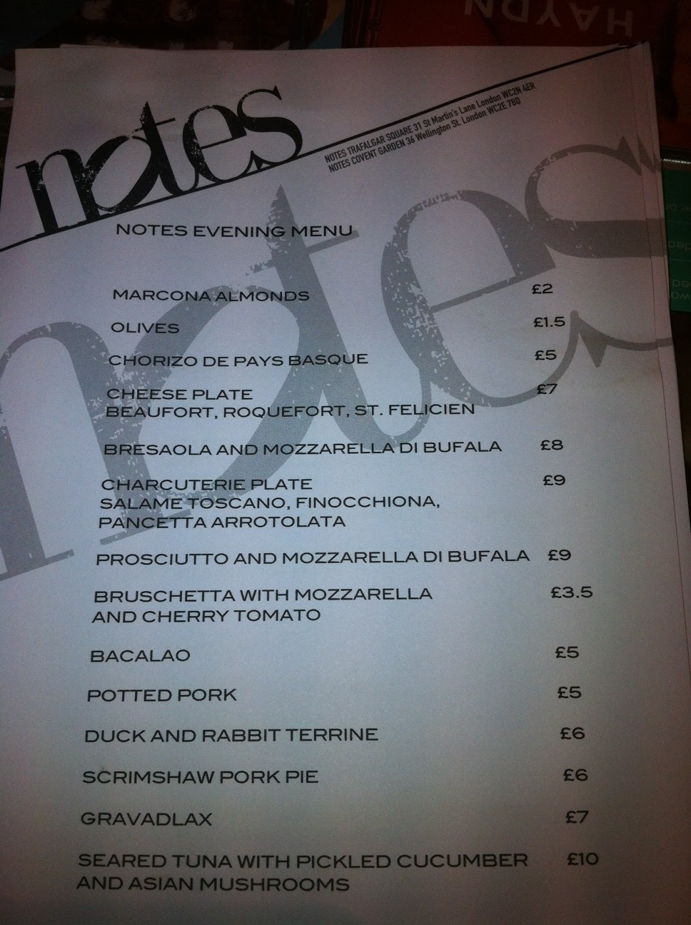 Notes Covent Garden: Evening Menus
