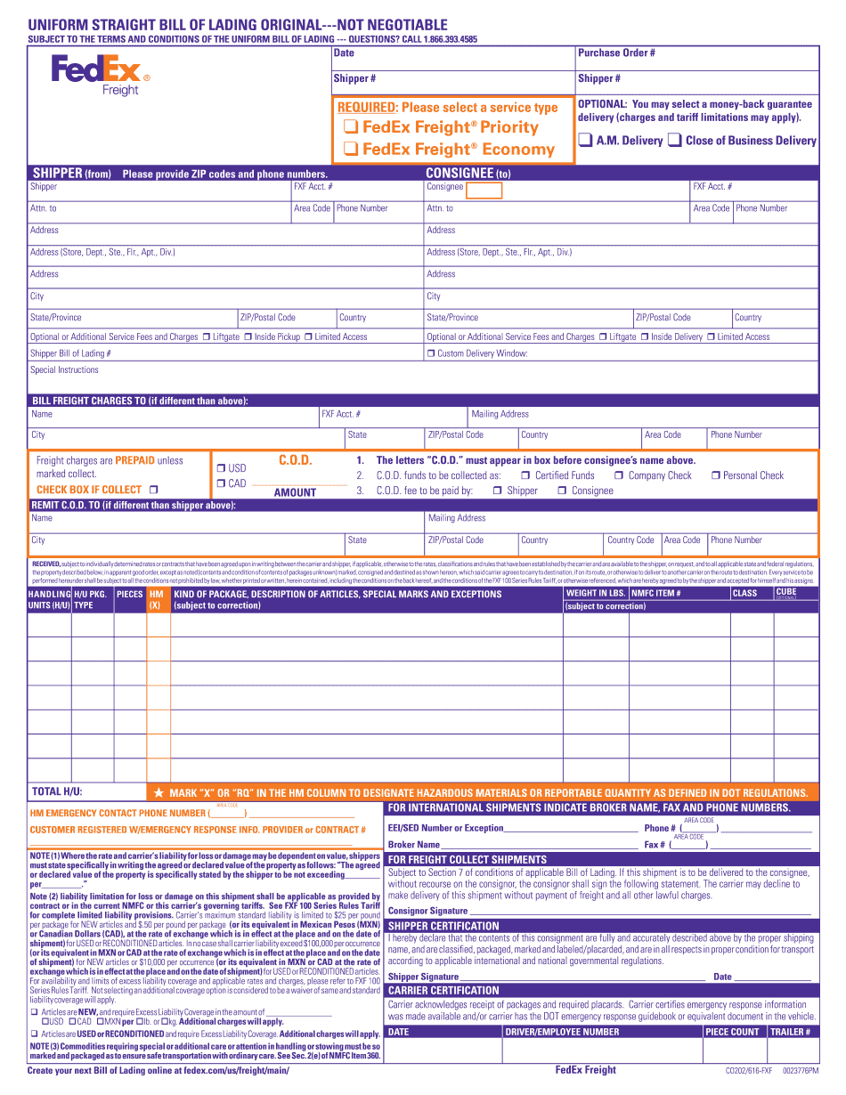 Fedex Freight Uniform Straight Bill Of Lading - Invoice Template