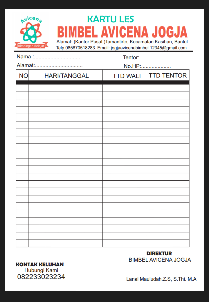 KARTU LES BIMBEL AVICENA JOGJA