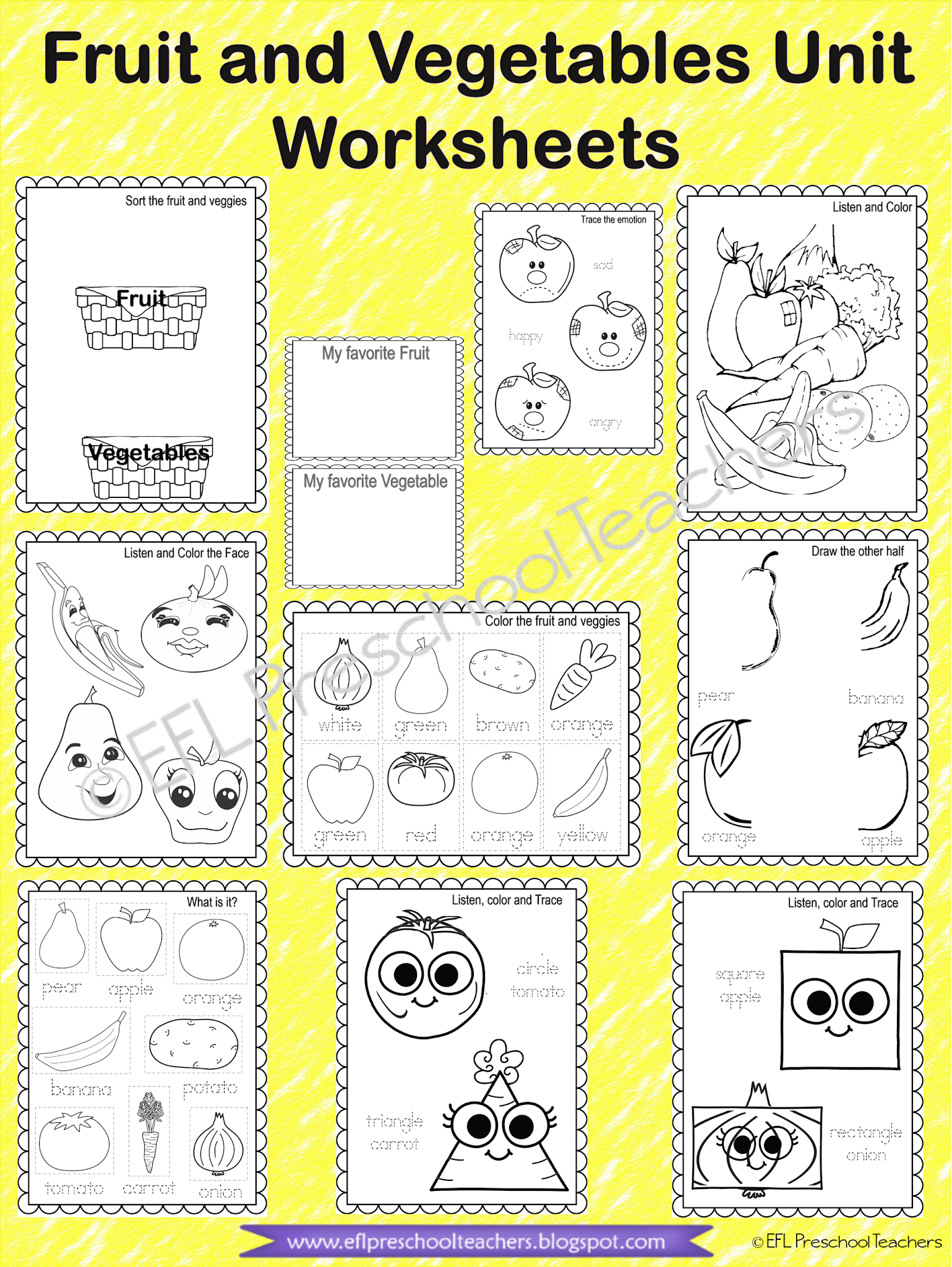 ESL/EFL Preschool Teachers: Fruit and Vegetables Theme Worksheets for ...