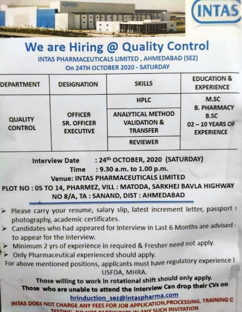 UDYOG ADDA: Intas Pharmaceuticals Ltd - Walk-In Interviews for Quality Control on 24th Oct' 2020