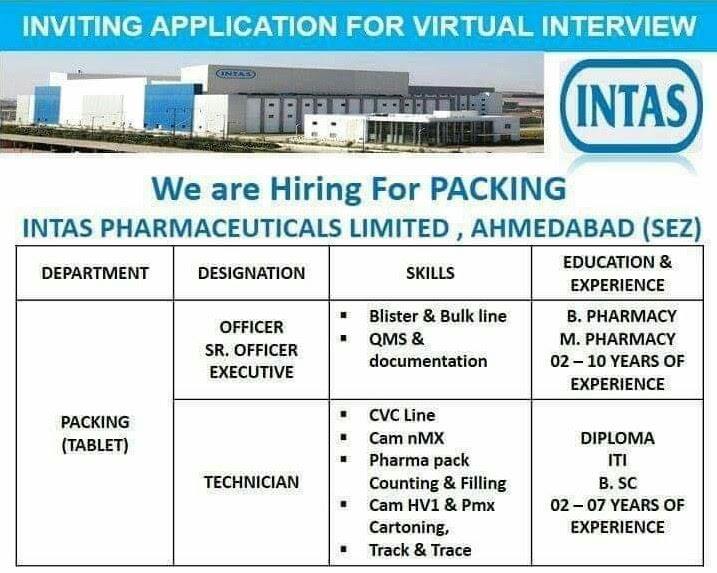 Intas Pharmaceuticals Limited, Ahmedabad Jobs Vacancy For ITI, Diploma ...